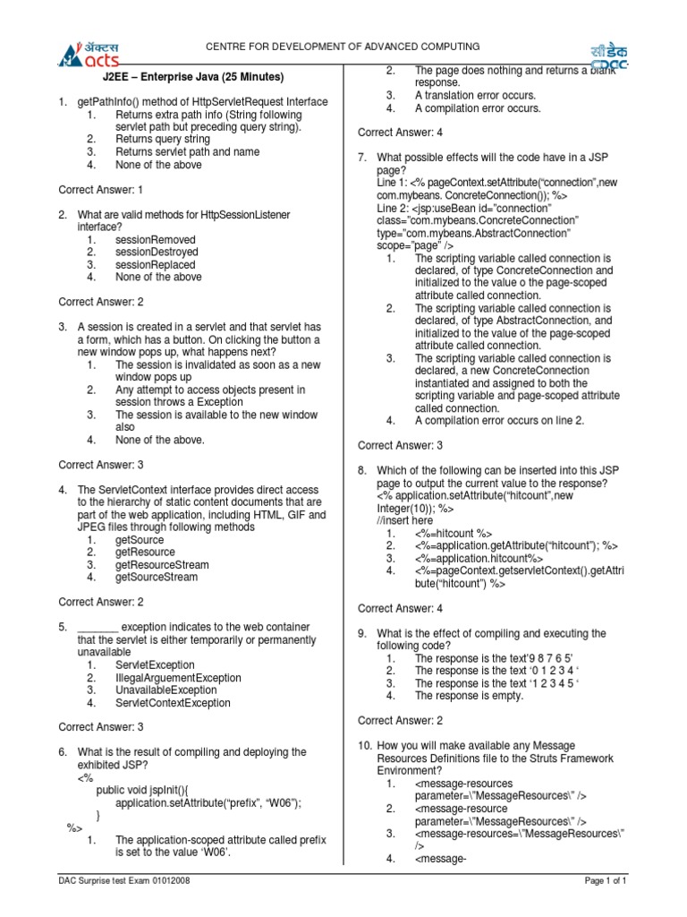 J2EE Exam Questions and Answers | PDF | Enterprise Java Beans | Java Server Pages