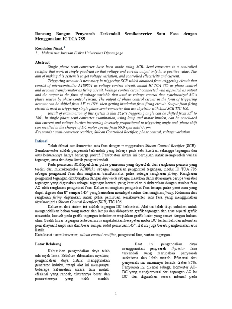 Rancang Bangun Penyearah Terkendali Semikonverter Satu Fasa Dengan Menggunakan IC TCA 785 PDF | PDF