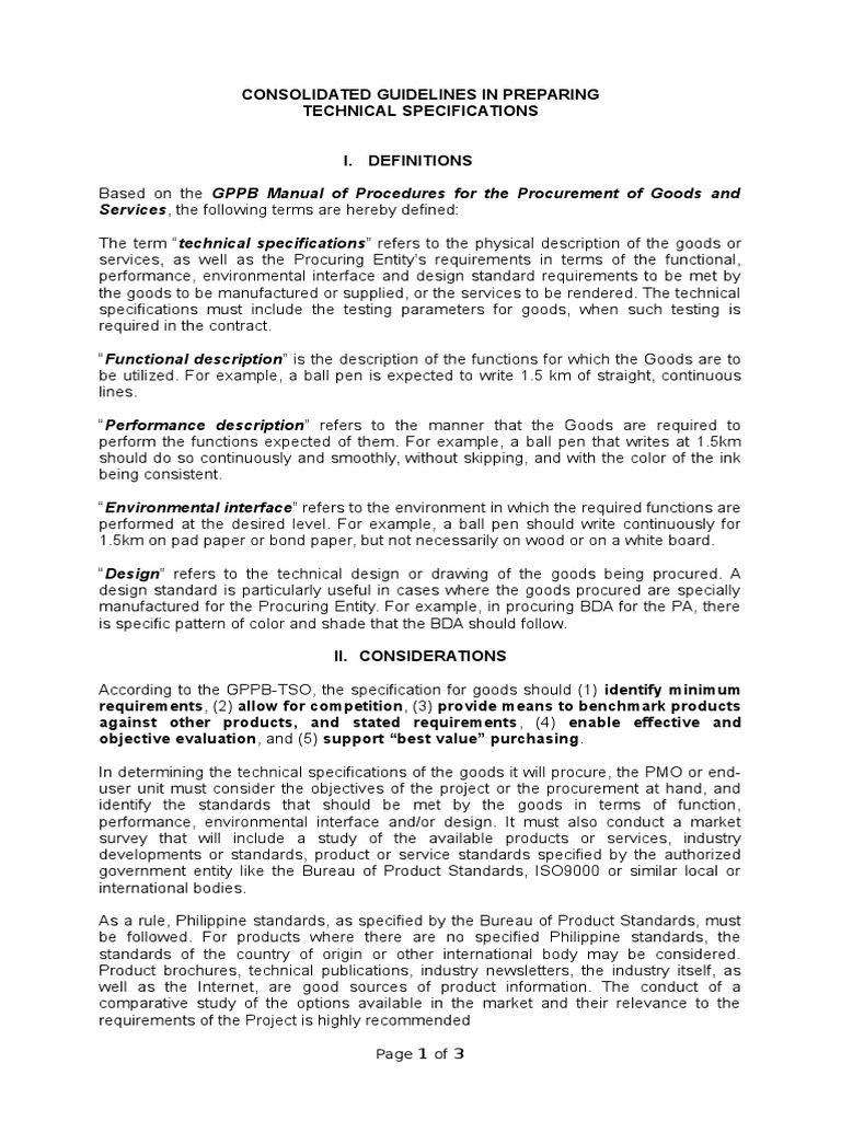 Guidelines in Preparing TEchnical Specifications | Specification ...