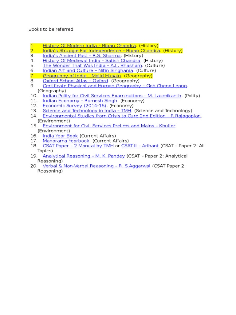 Books To Be Referred For UPSC | PDF