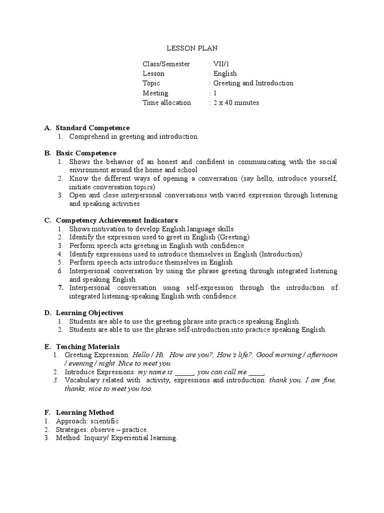A. Standard Competence | PDF | Mrs. | Lesson Plan