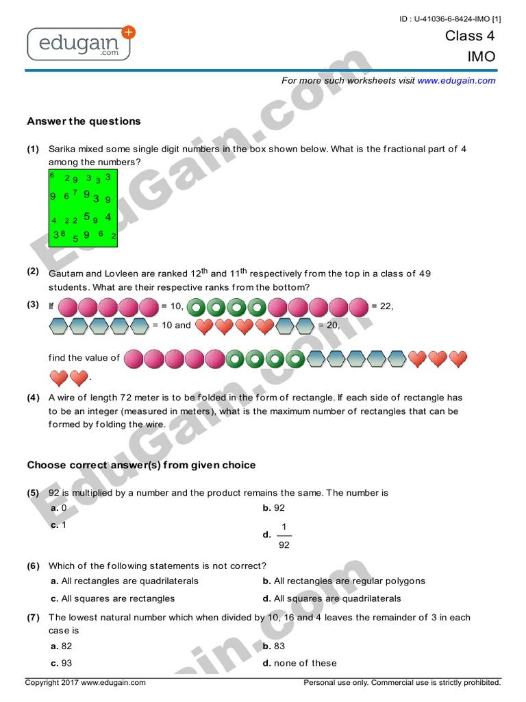 Class 4 IMO: Answer The Questions | PDF | Rectangle | Geometry