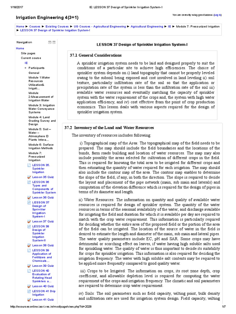 Irrigation Engineering 4 (3+1) : LESSON 37 Design of Sprinkler Irrigation System I | PDF ...