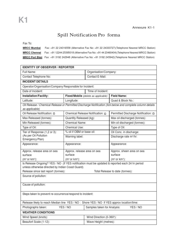 Spill Notification Pro forma: Identity Of Observer / Reporter