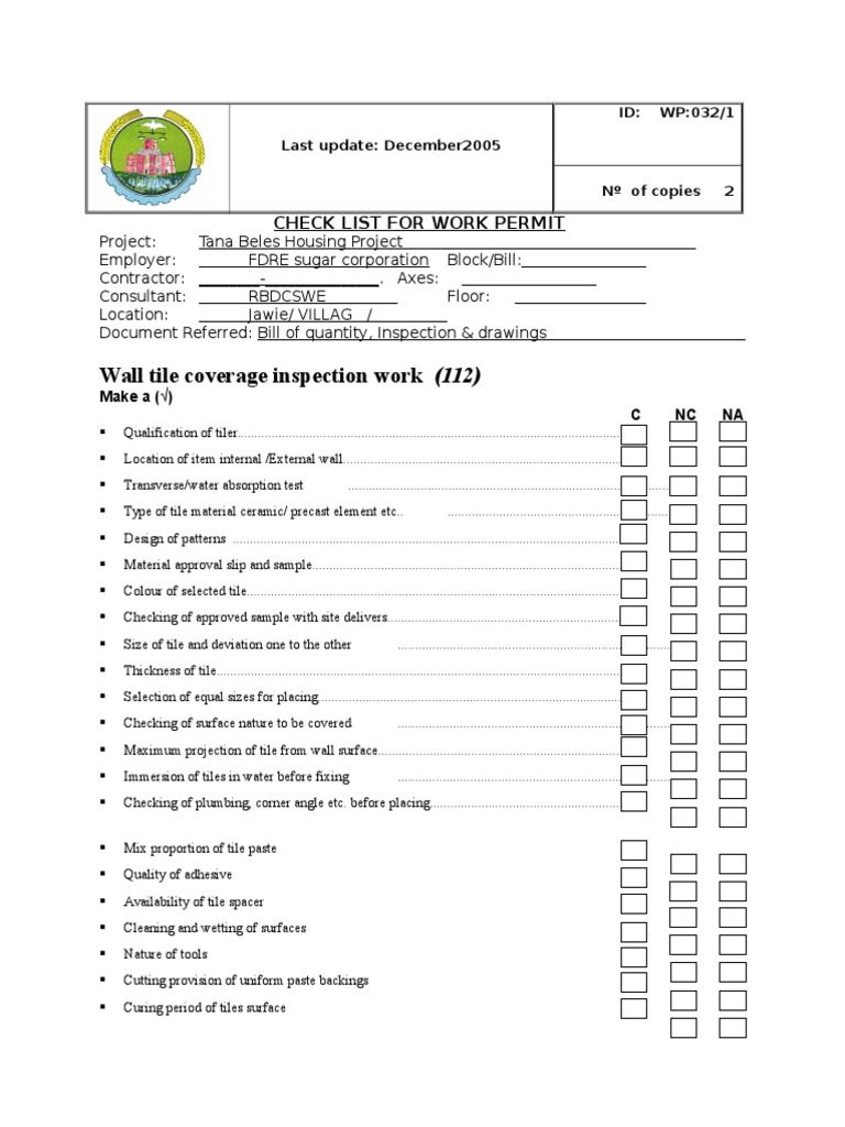 Wall Tile Coverage Inspection Work (112) : Check List For Work Permit ...