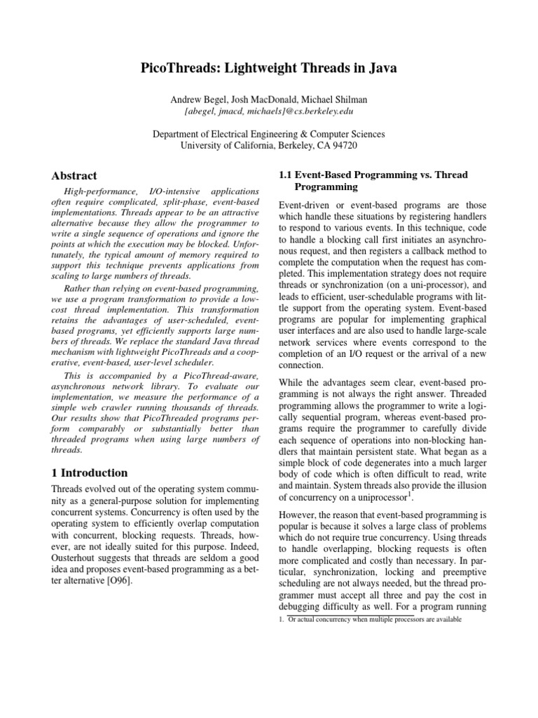 Picothreads: Lightweight Threads in Java: 1.1 Event-Based Programming vs. Thread Programming ...