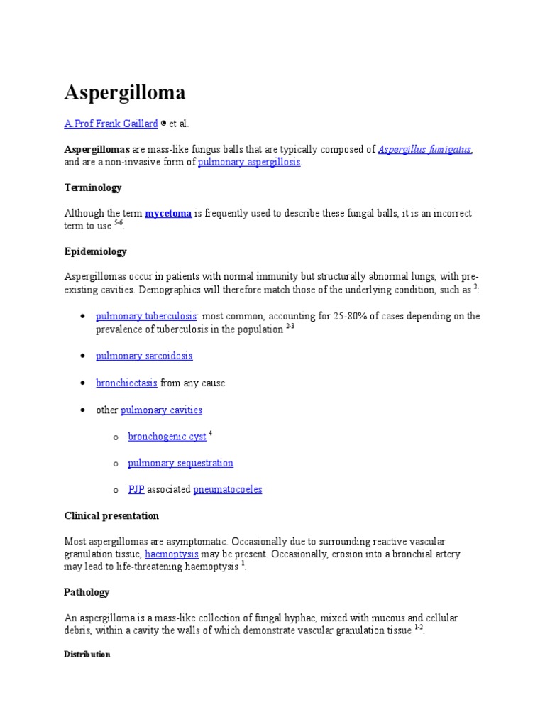 Aspergilloma: A.Prof Frank Gaillard | PDF | Lung | Health Sciences