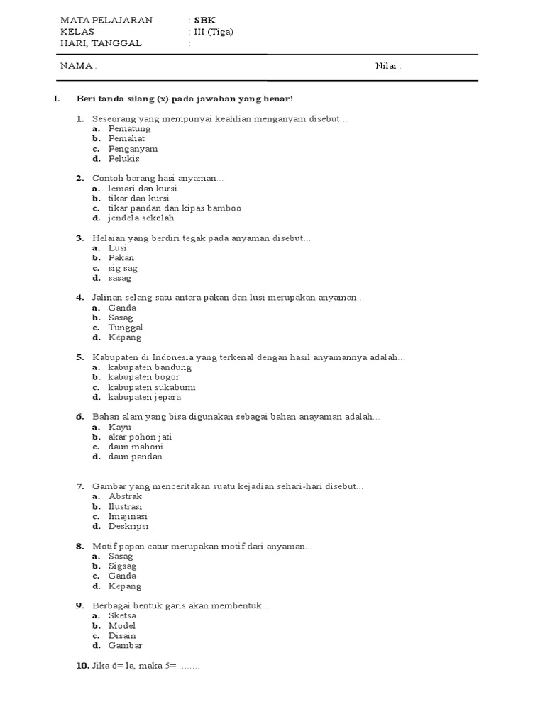 Soal SBK Kelas 3: Anyaman & Seni | PDF | Griya & Taman | Seni