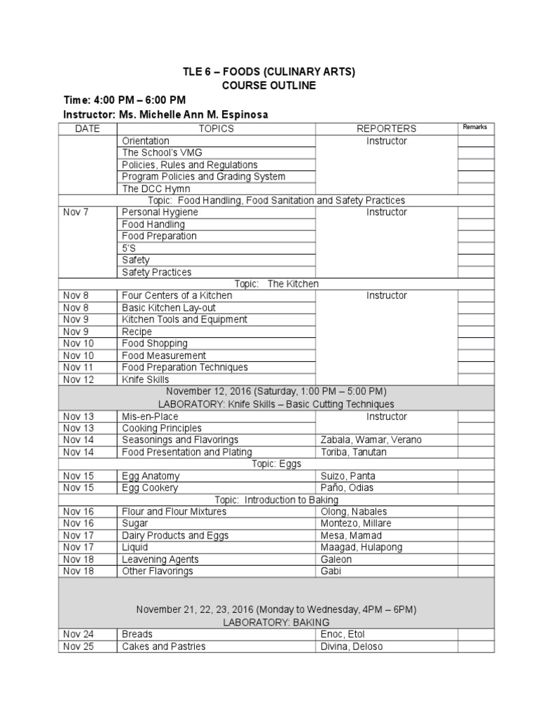 Tle 6 - Culinary Arts Course Outline | PDF | Baking | Cooking