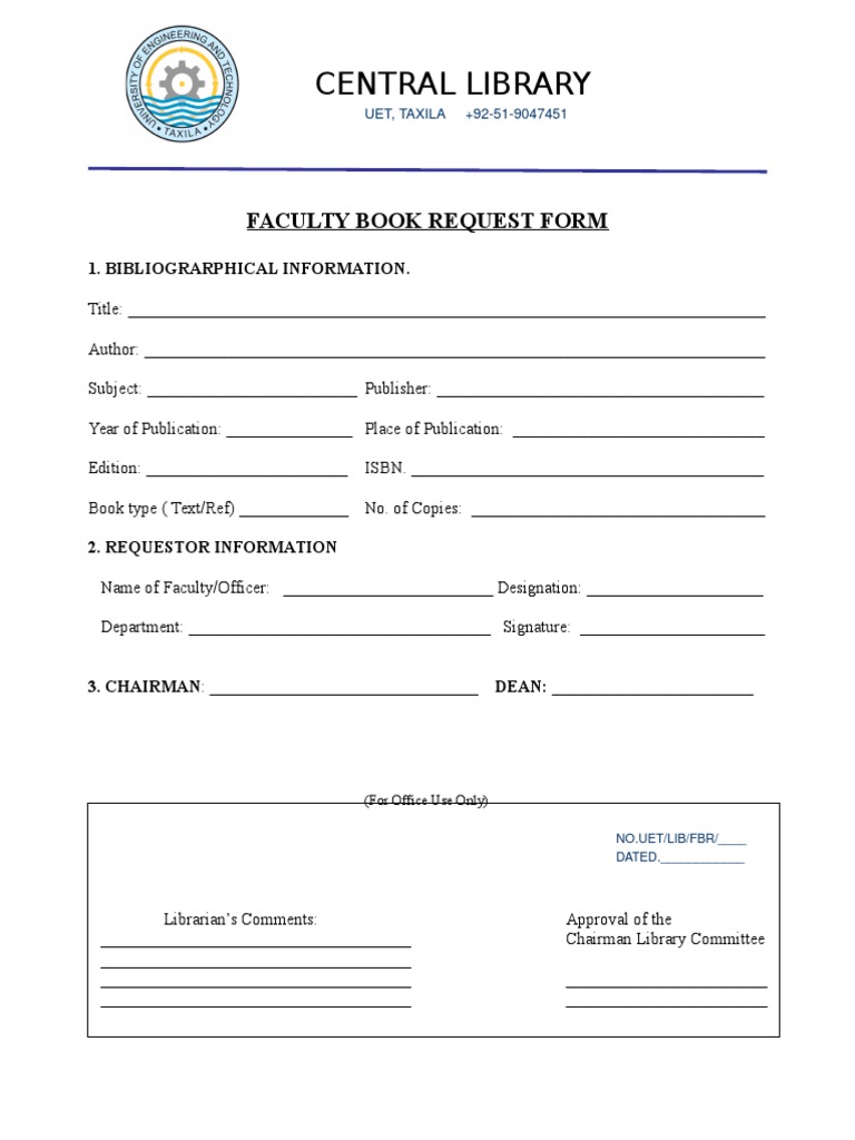 Central Library: Faculty Book Request Form | PDF