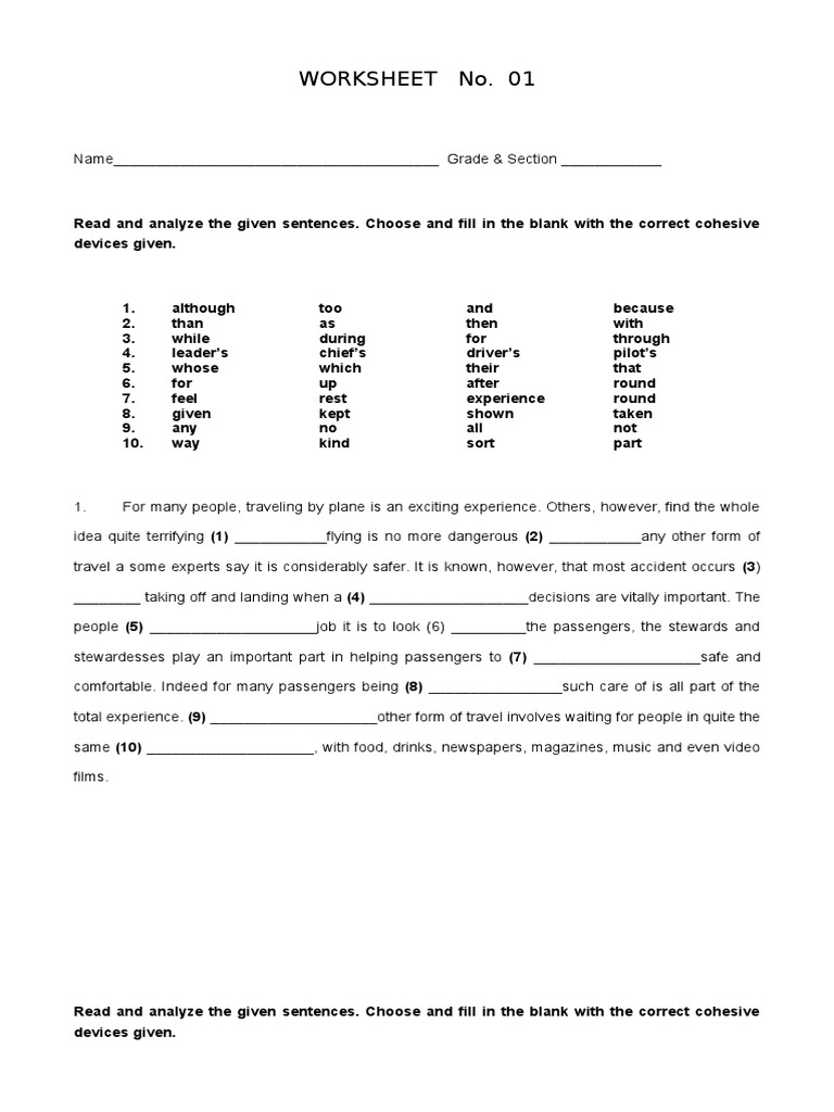 Worksheet Cohesive Devices Fill in the BlankTITLE Friendly Letter ...