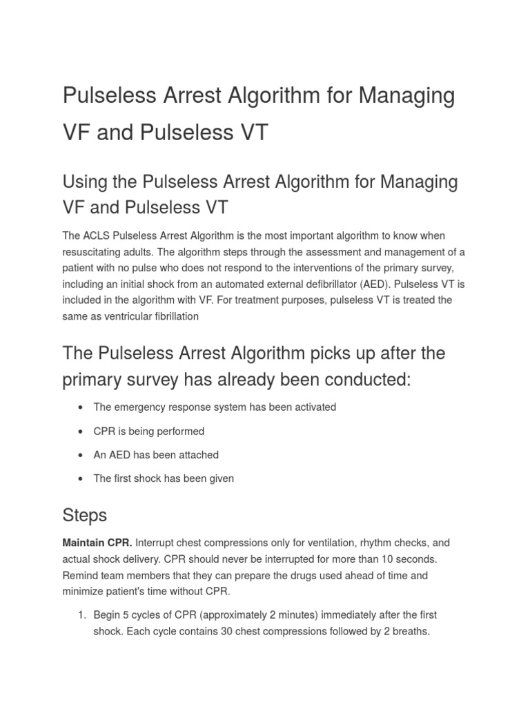 Pulseless Arrest Algorithm For Managing VF and Pulseless VT | PDF ...
