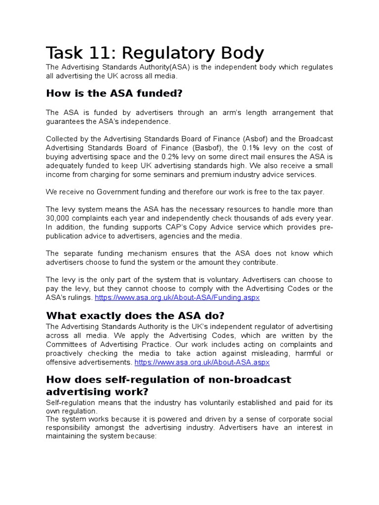 Task 11: Regulatory Body: How Is The ASA Funded? | PDF | Tesco ...