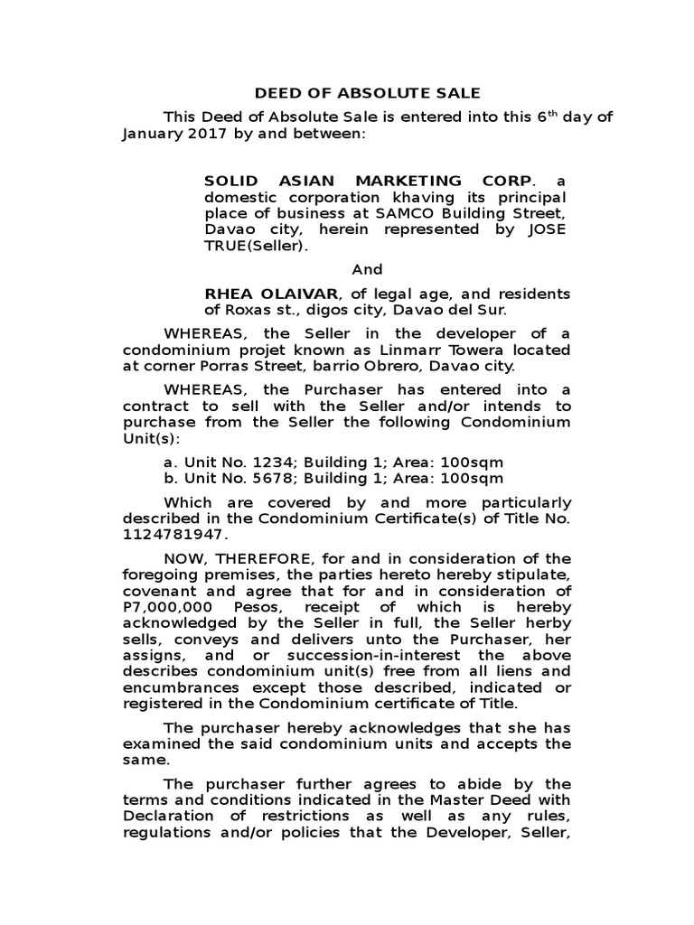 Deed of Absolute Sale of Condominium Unit | Deed | Condominium