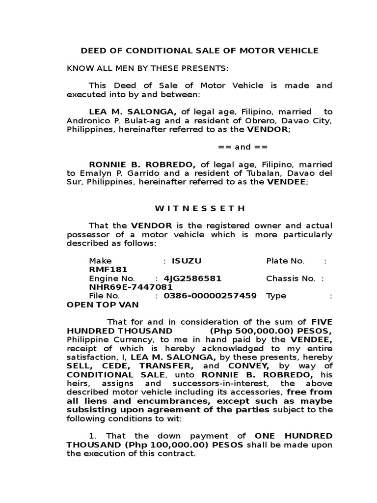 Deed of Conditional Sale | PDF | Deed | Civil Law (Common Law)