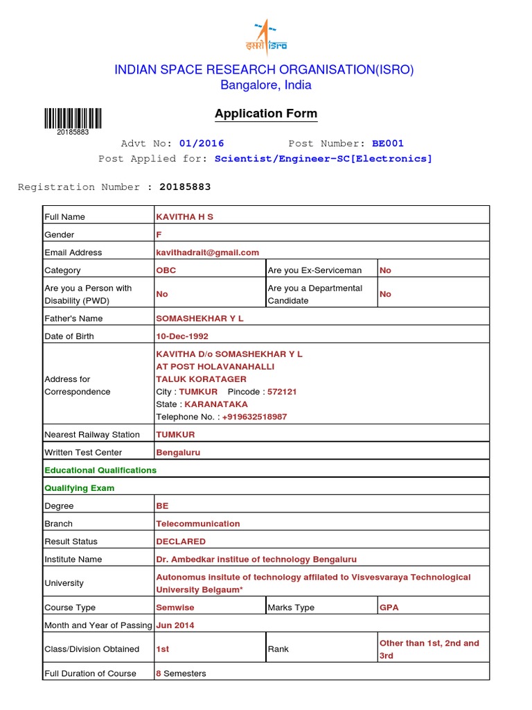 Indian Space Research Organisation (Isro) Bangalore, India: Application Form | PDF | Bangalore ...