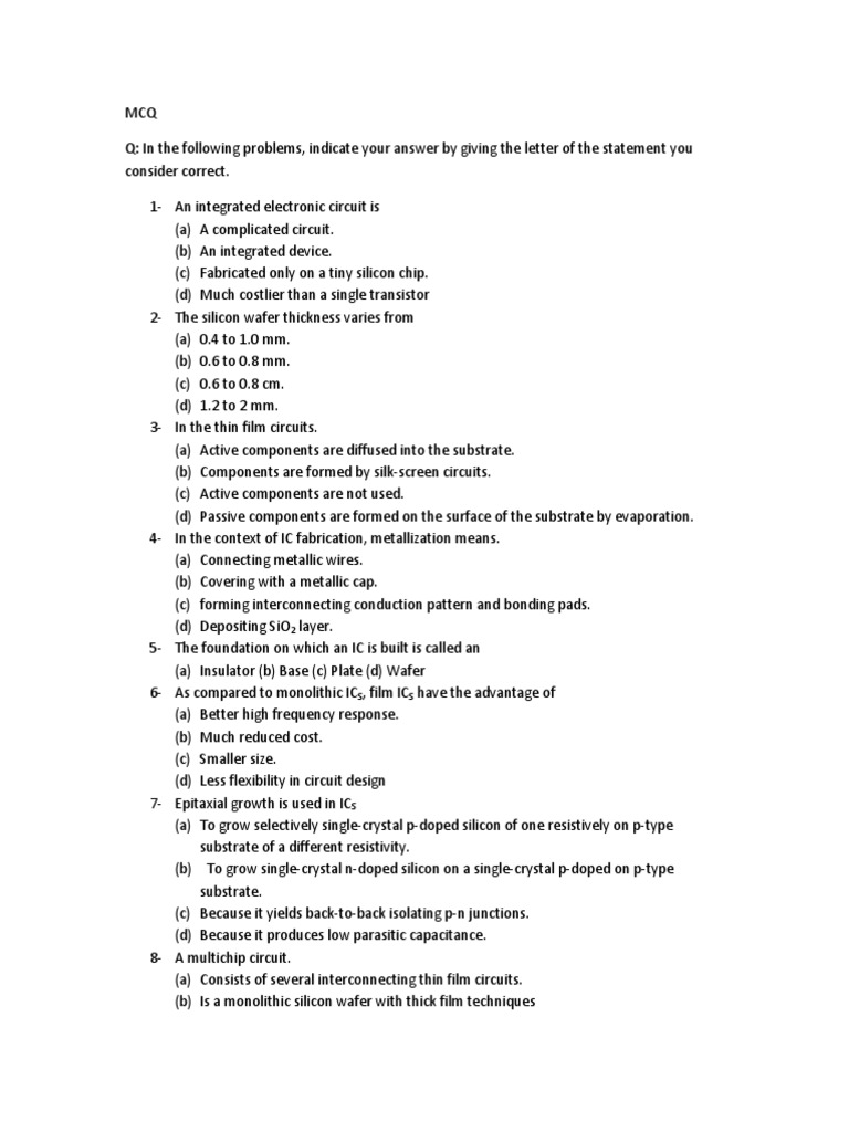 MCQ | PDF | Integrated Circuit | Semiconductor Device Fabrication