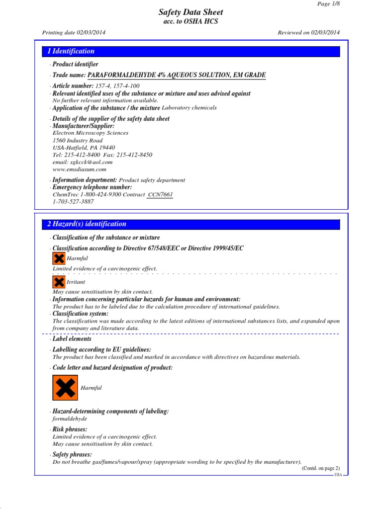 Paraformaldehyde 4% Safety Data Sheet | PDF | Formaldehyde | Toxicity