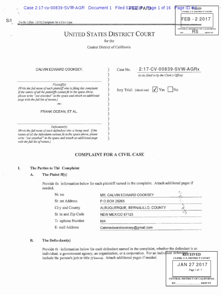 Calvin Cooksey Frank Ocean Complaint | PDF | Judiciaries | Government