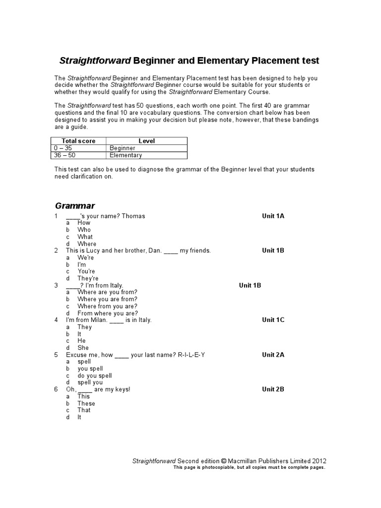 Beginner Elementary Placement Test | PDF