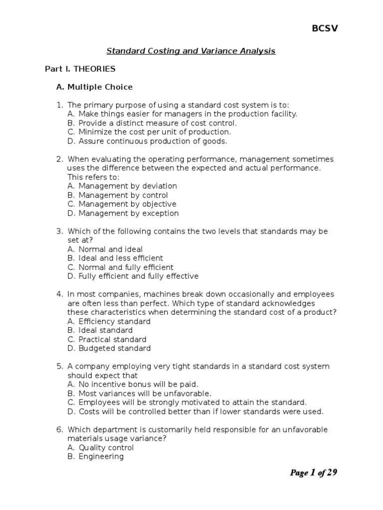 Part I. Theories A. Multiple Choice: Standard Costing and Variance ...