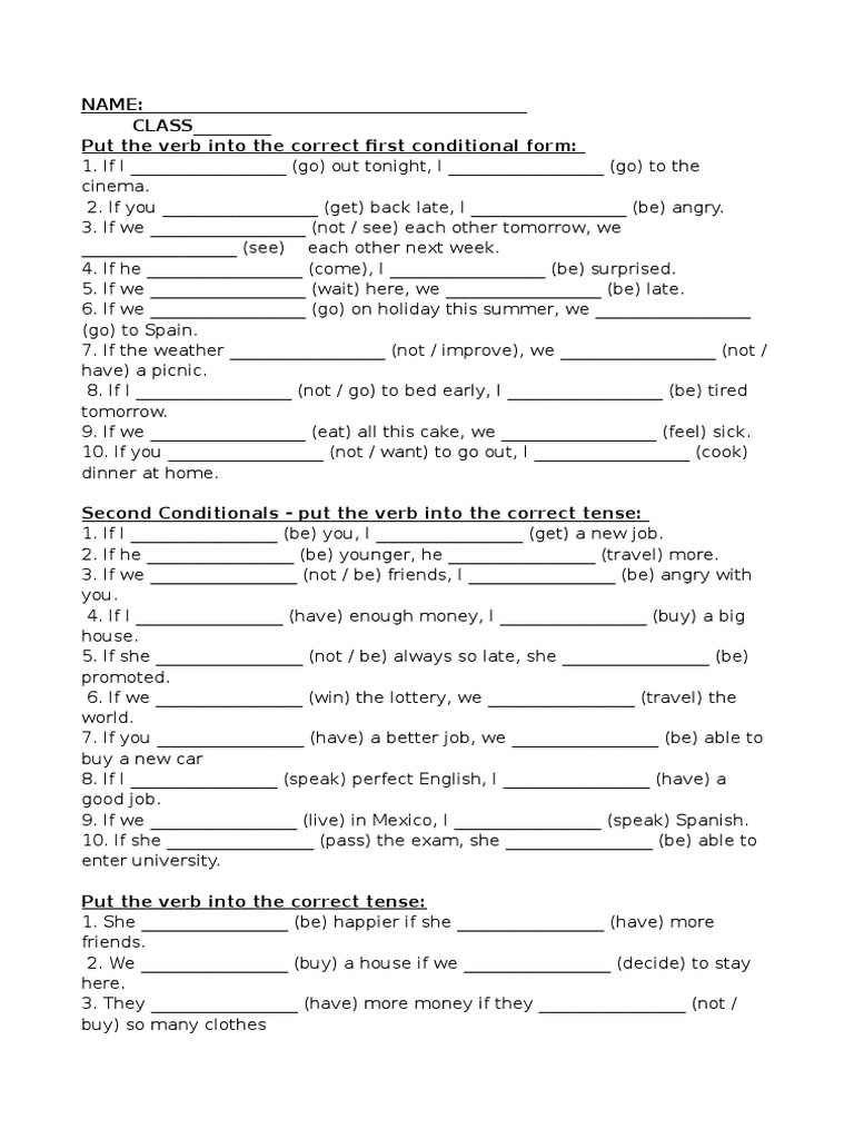Name: CLASS - Put The Verb Into The Correct First Conditional Form ...