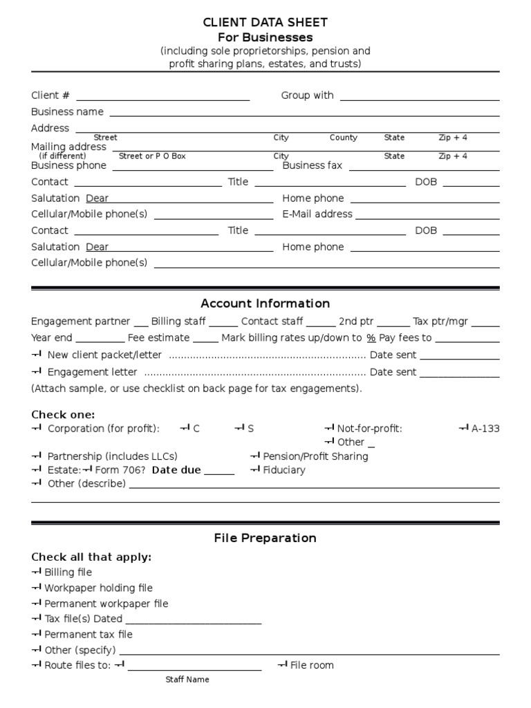 Client Data Sheet for Businesses | PDF | Nonprofit Organization | Taxes