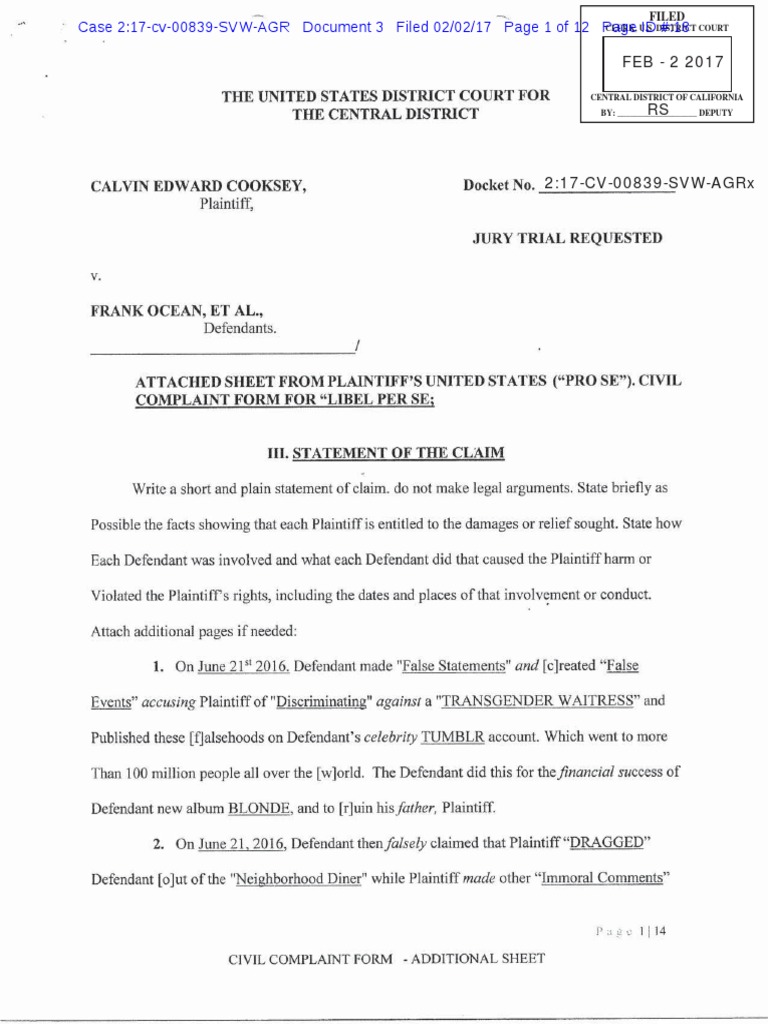 Calvin Cooksey Frank Ocean Statement of Claims | PDF | Judiciaries ...