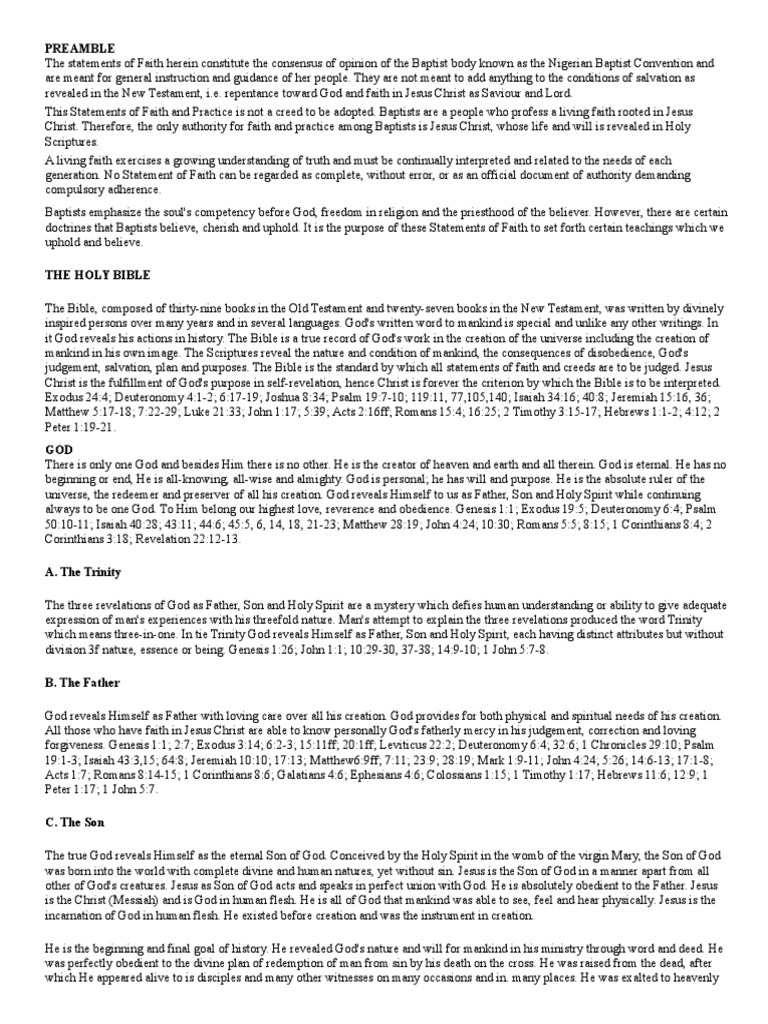 The Nigerian Baptist Convention Statements of Faith: Core Doctrinal ...