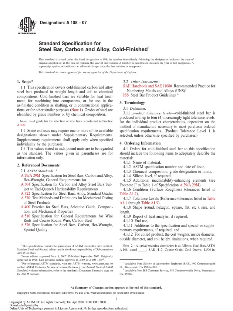 ASTM-A108-07 Standard Specification For Steel Bar Carbon and Alloy Cold ...