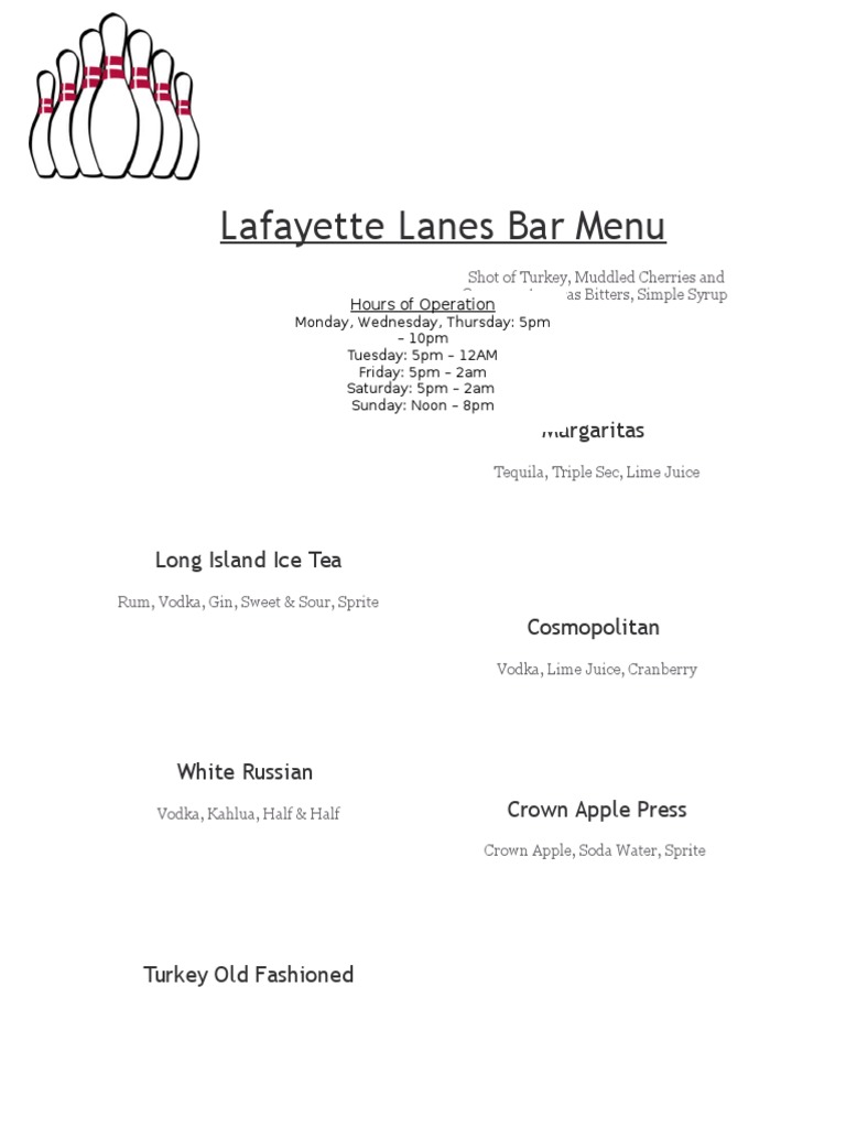 Lafayette Lanes Bar Menu: Margaritas | PDF