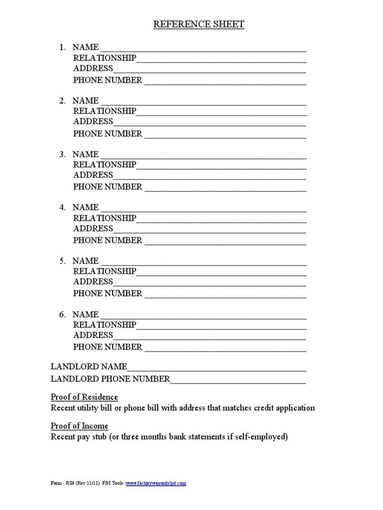 Reference Sheet: Form - RS6 (Rev 11/11) F&I Tools | PDF