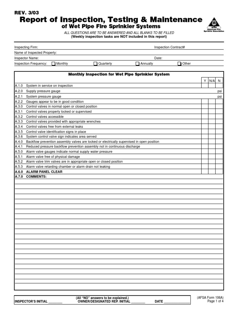 AFSA Inspection Form - Water Based.pdf | Fire Sprinkler System | Valve