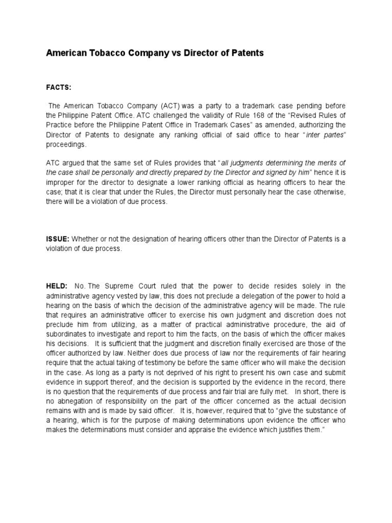 American Tobacco Company Vs Director of Patents | PDF | Due Process ...