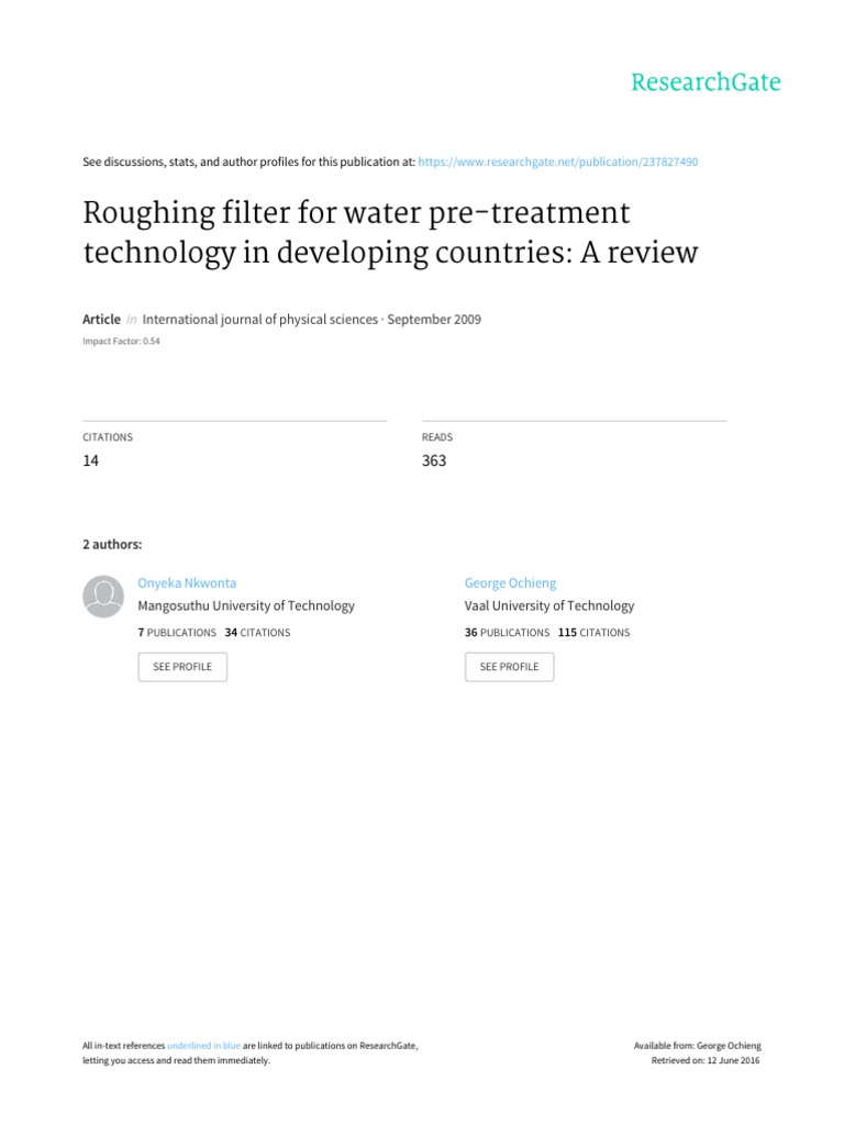 Roughing Filter For Water Pre-Treatment Technology | PDF | Filtration ...