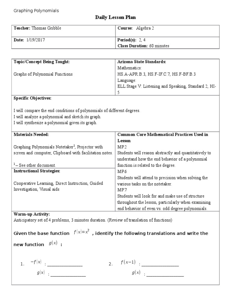 Graphing Polynomials Lesson Plan and Materials | PDF | Polynomial ...