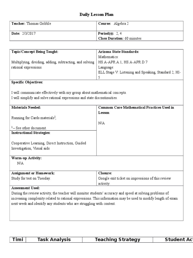 Algebra 2 Rational Expressions Lesson | PDF | Homework | Lesson Plan