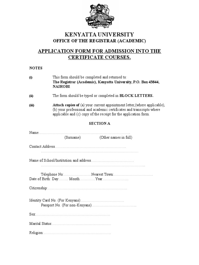 Kenyatta University: Application Form For Admission Into The ...