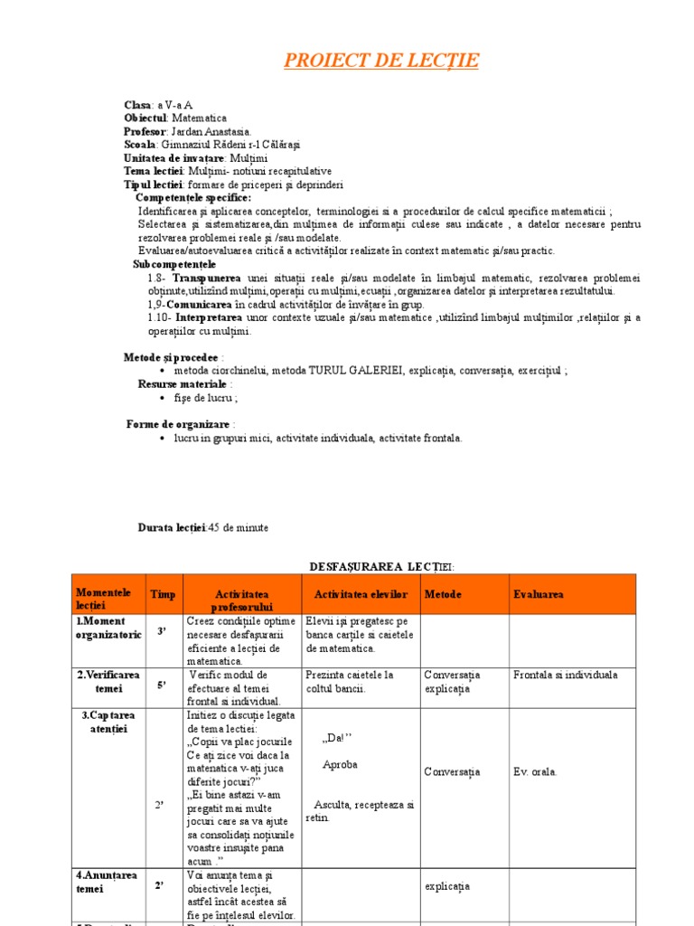 Plan de Lectie cl.5 Multimi 2 | PDF