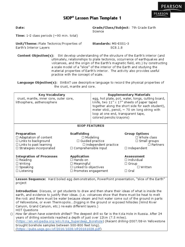 Siop Lesson Plan Template 1 - Platetectonics | PDF | Structure Of The ...