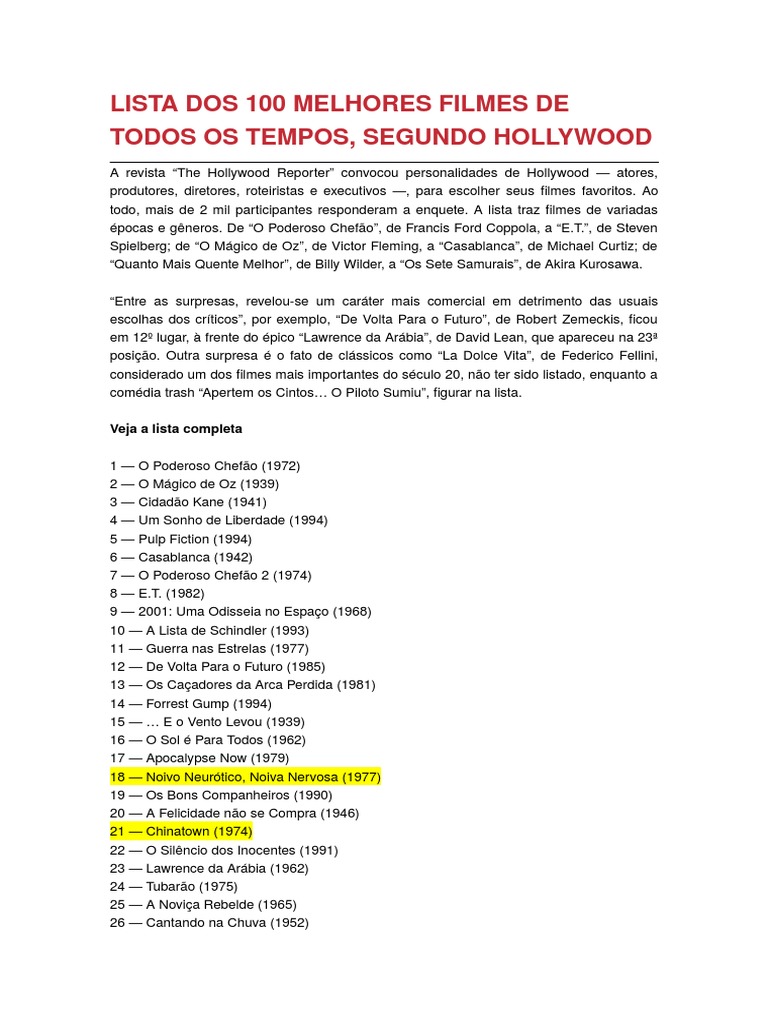 Lista Dos 100 Melhores Filmes de Todos Os Tempos | PDF | Prêmio de ...