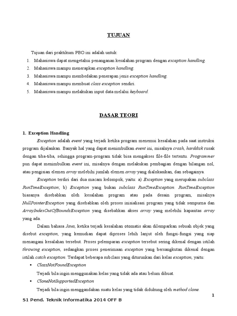 Laporan 6 Pemrograman Berorientasi Objek (PBO) - Exception Handling | PDF