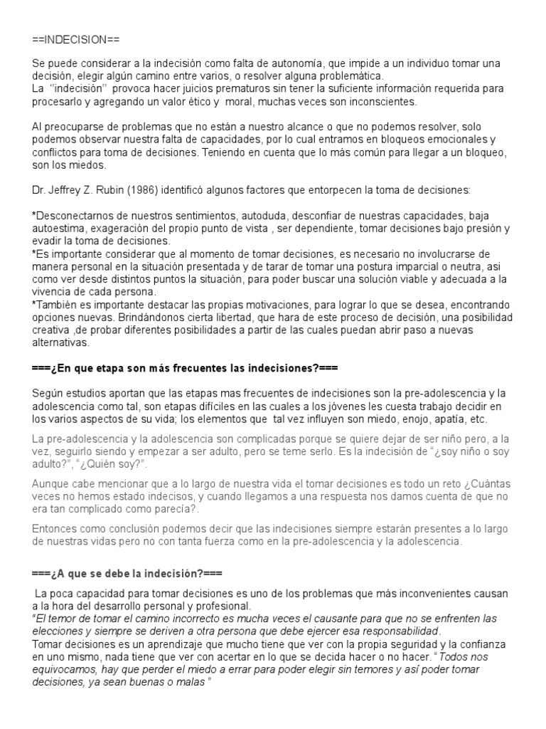 Indecision | PDF | Toma de decisiones | Conceptos psicologicos