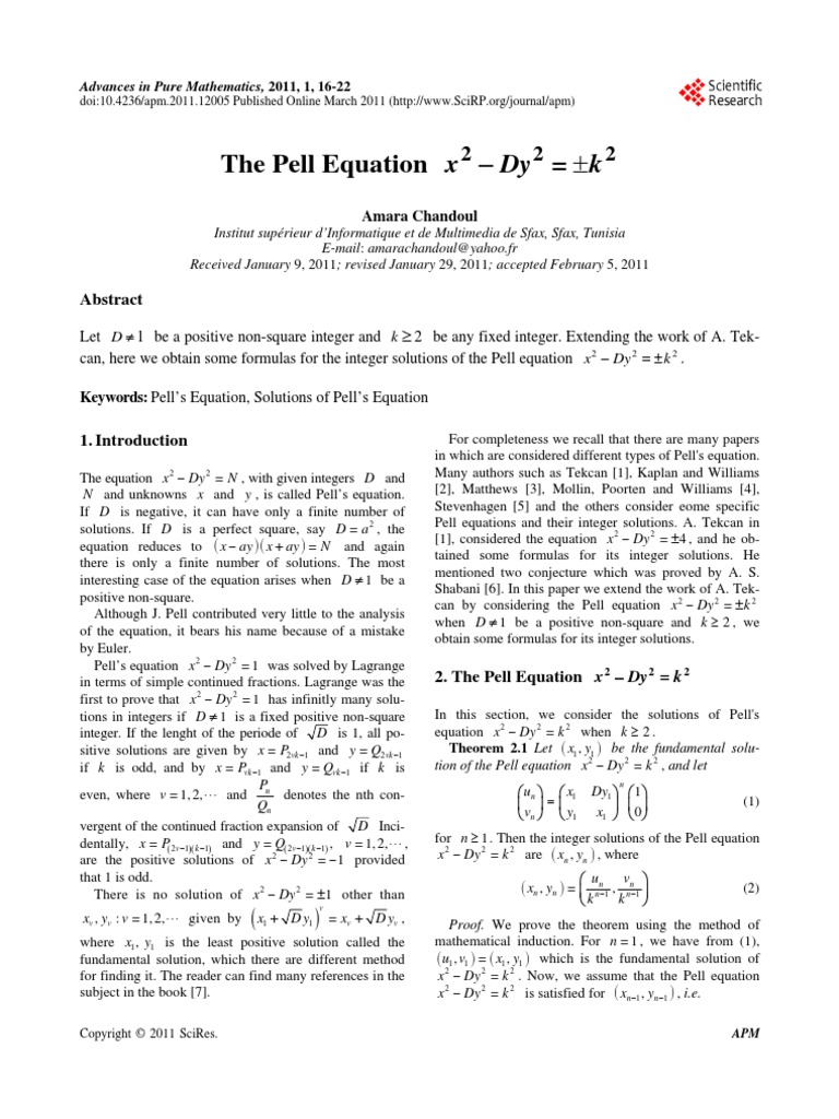 The Pell Equation : X Dy K | PDF | Equations | Numbers