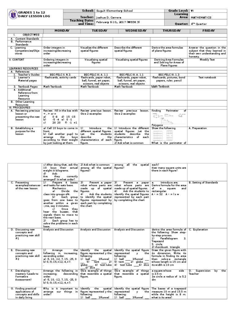 DLL Mathematics 6 q4 w3 | PDF | Area | Elementary Geometry