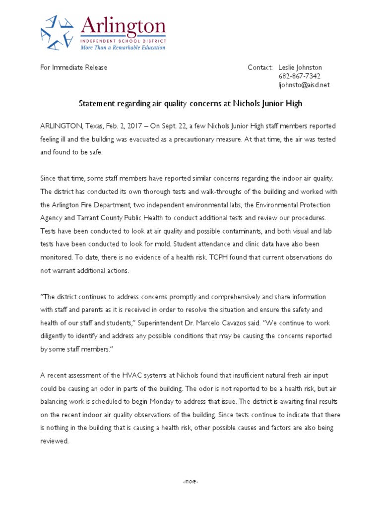 Arlington ISD Statement 2.2.17 On Nichols Junior High School Mystery ...
