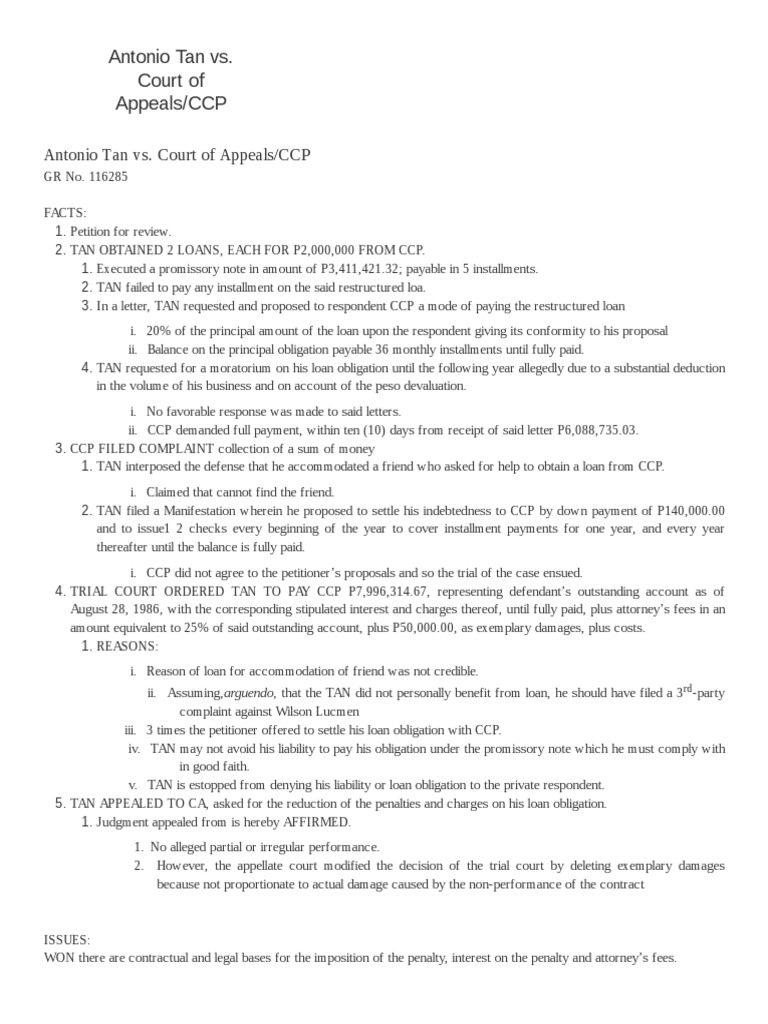Antonio Tan Vs CA Digest | PDF | Interest | Loans