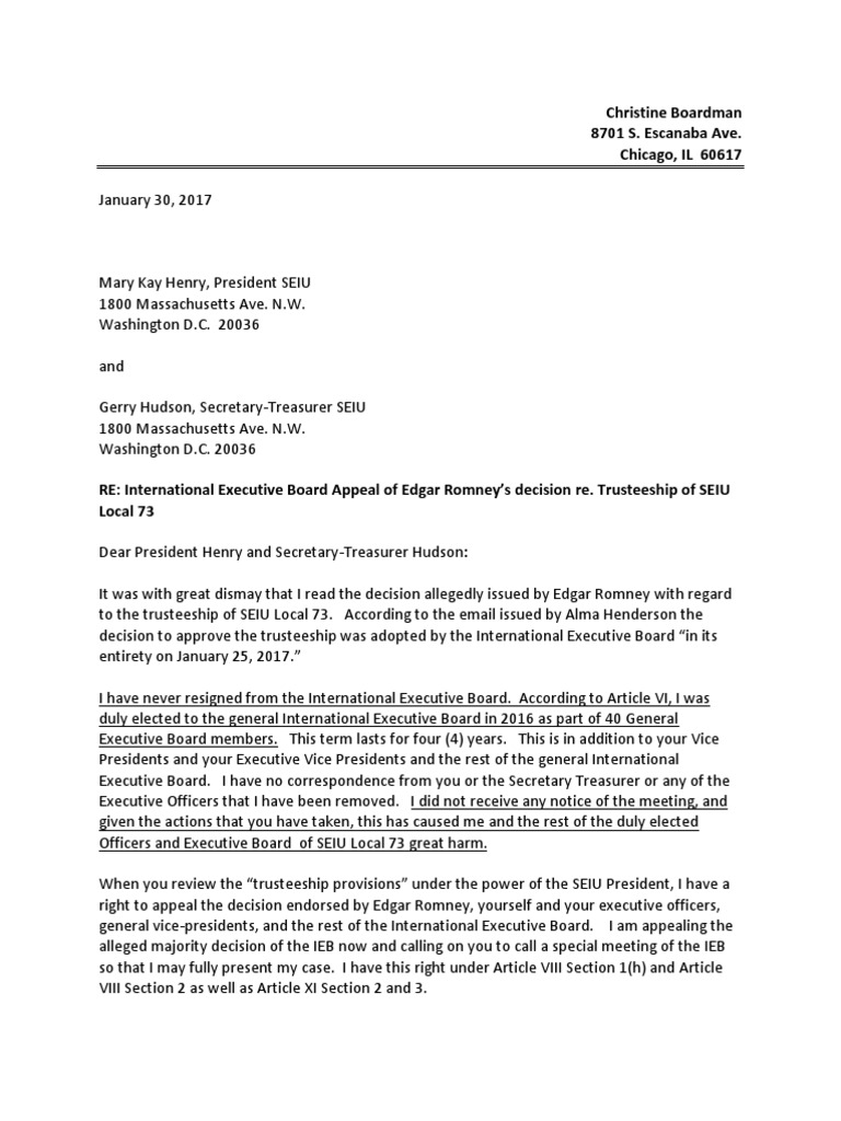 Christine Boardman's Letter Protesting SEIU's Trusteeship of SEIU Local ...