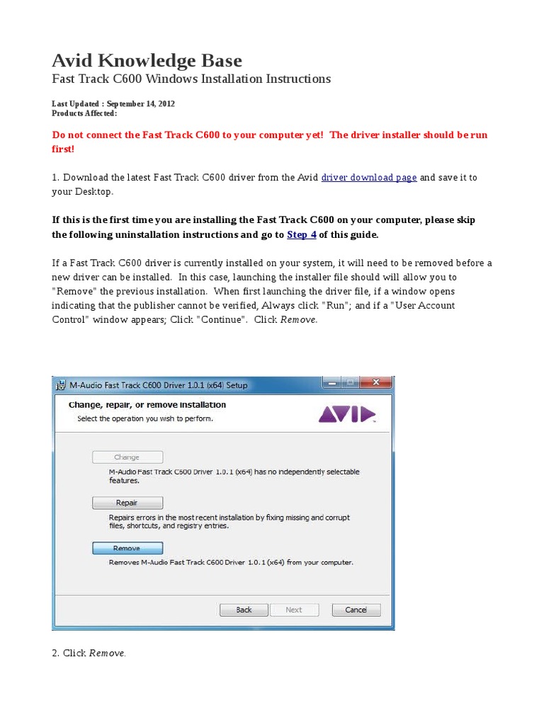 Avid Knowledge Base: Fast Track C600 Windows Installation Instructions ...