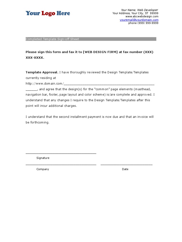 Completed Template Sign-Off Sheet: Please Sign This Form and Fax It To ...